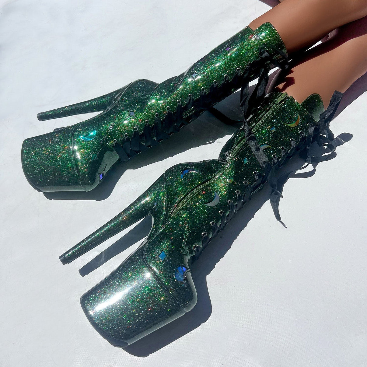 The Glitterati Cosmic Boot - Emerald Sparkle - 8INCH – Hella Heels UK
