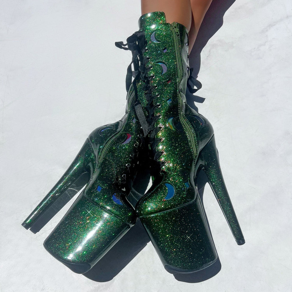 The Glitterati Cosmic Wide Fit Boot - Emerald Sparkle - 8INCH – Hella ...