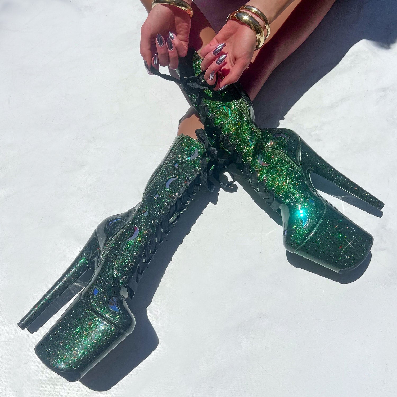 The Glitterati Cosmic Wide Fit Boot - Emerald Sparkle - 8INCH – Hella ...