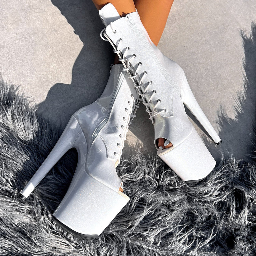 The Glitterati Open Toe Boot - Snow Kween - 8 INCH - Wide Fit – Hella ...